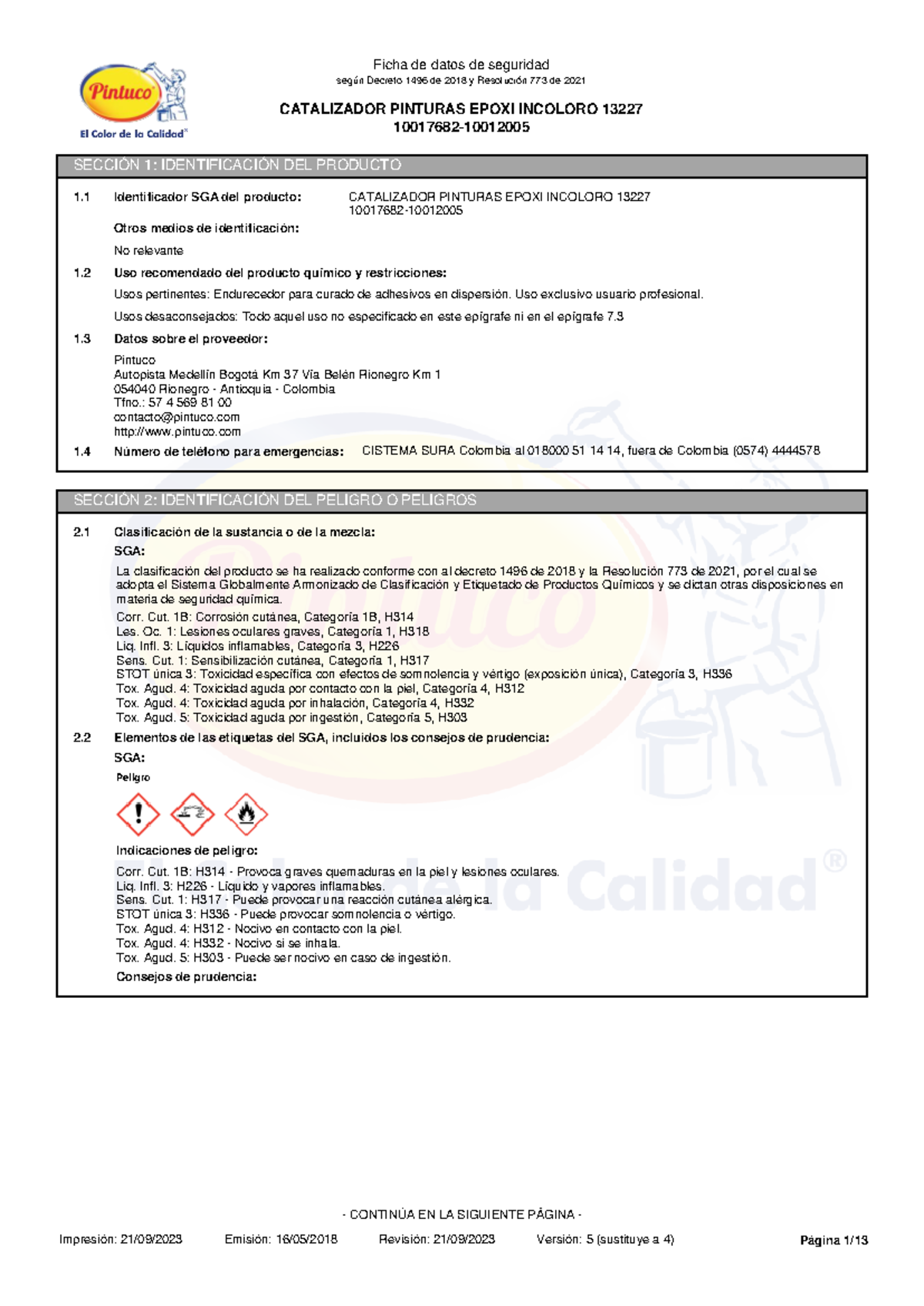 FDS - Catálogo del Catalizador para Pinturas Epoxi Incoloro 13227 - Studocu