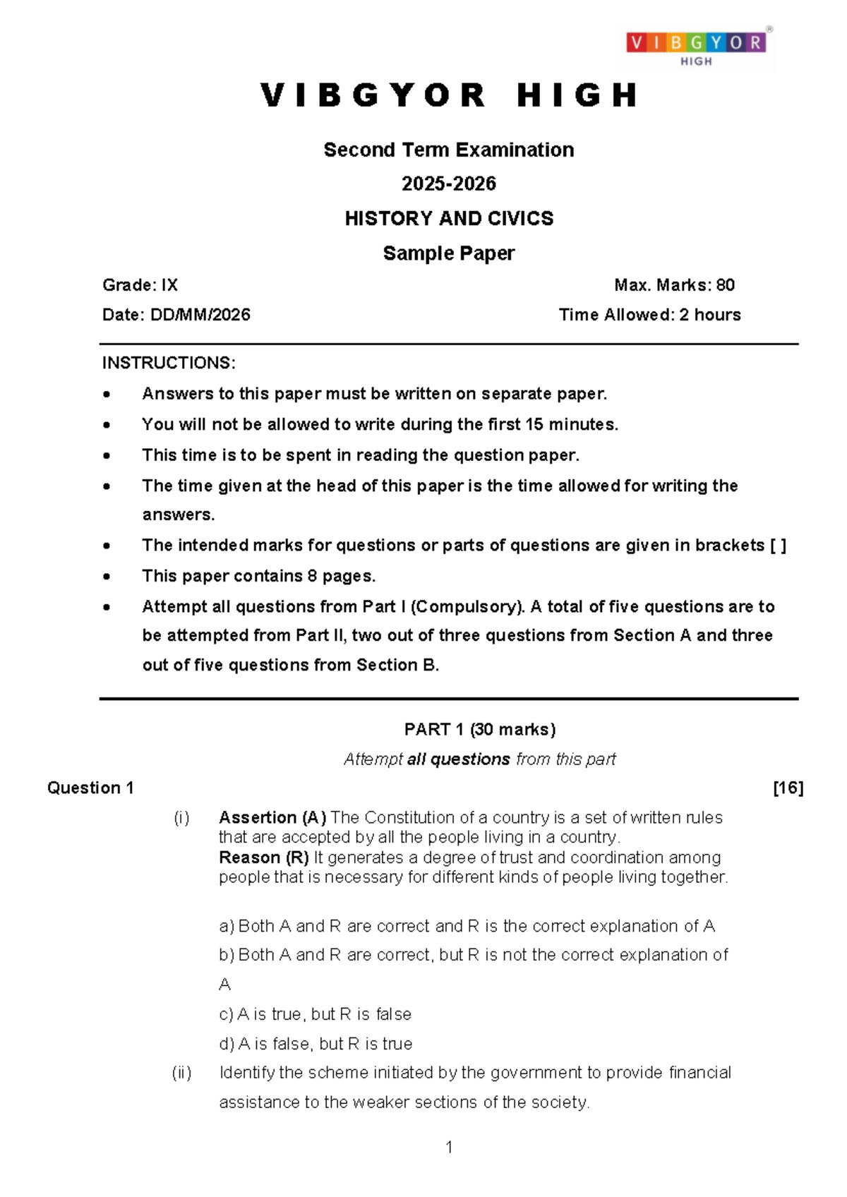 Sample Paper: VIBGYOR HIGH Grade IX History & Civics Term 2 Exam QP ...