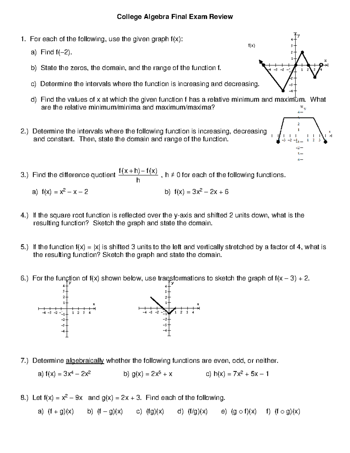 College Algebra Final Exam Review 2020: Key Concepts and Problems - Studocu