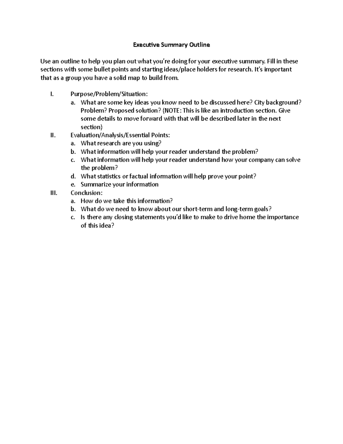 Executive Summary Outline - Fill in these sections with some bullet ...