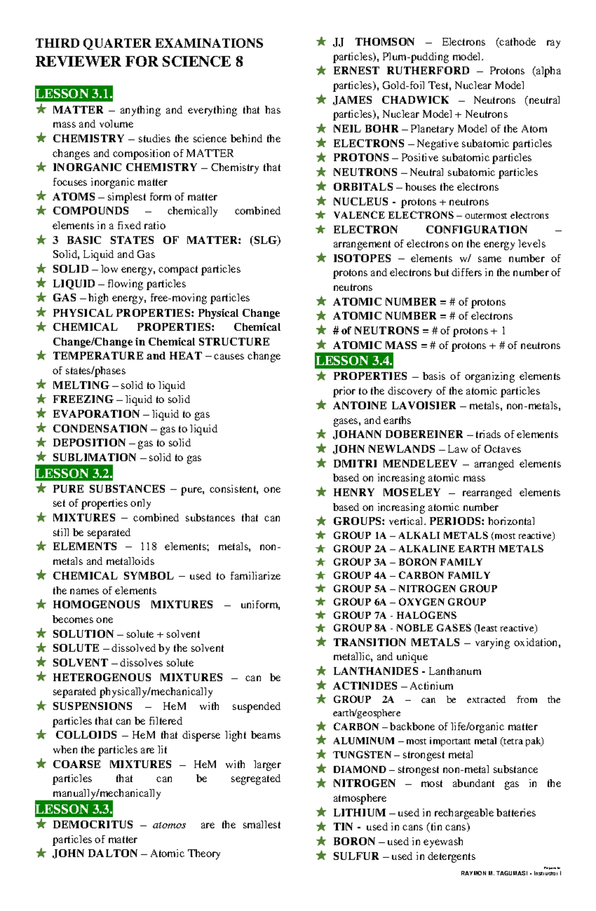 3rd Quarter Exam Reviewer for Science 8: Concepts on Matter and Atoms ...