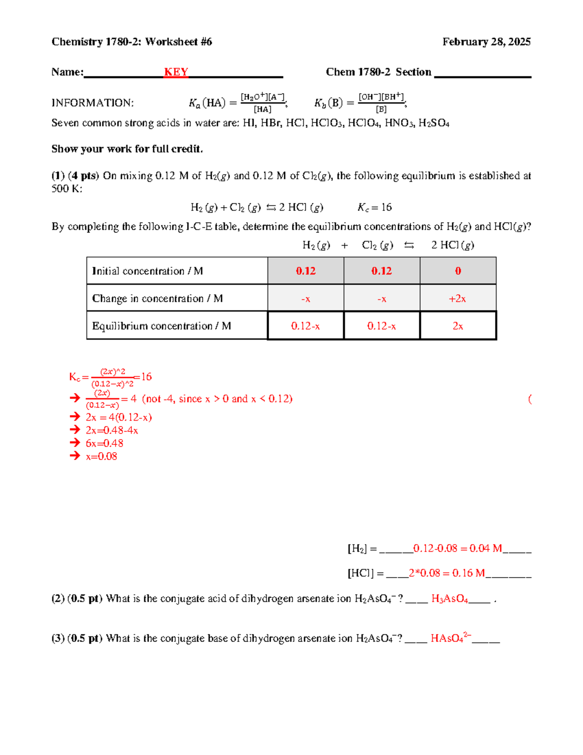 Chemistry 1780-2: Worksheet #6 - Acid-Base Equilibria and Constants ...