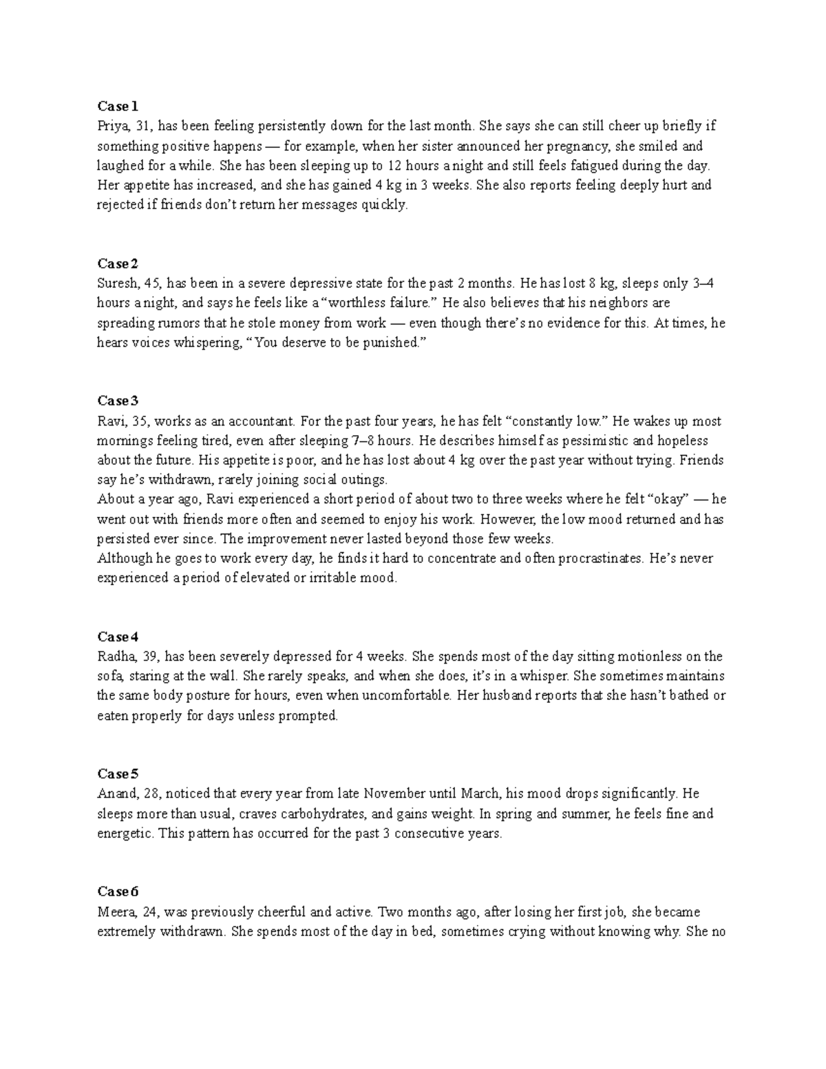 Unipolar Depression Case Studies: Insights and Analysis - Studocu