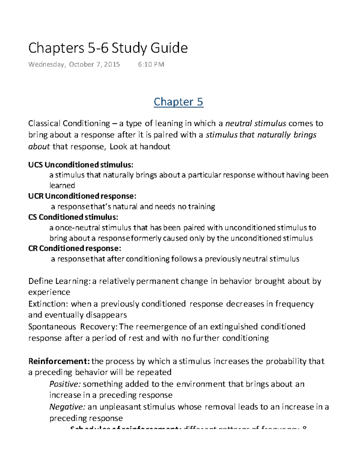 Chapters 5-6 Study Guide - Chapters Study Guide Wednesday, October 7 ...