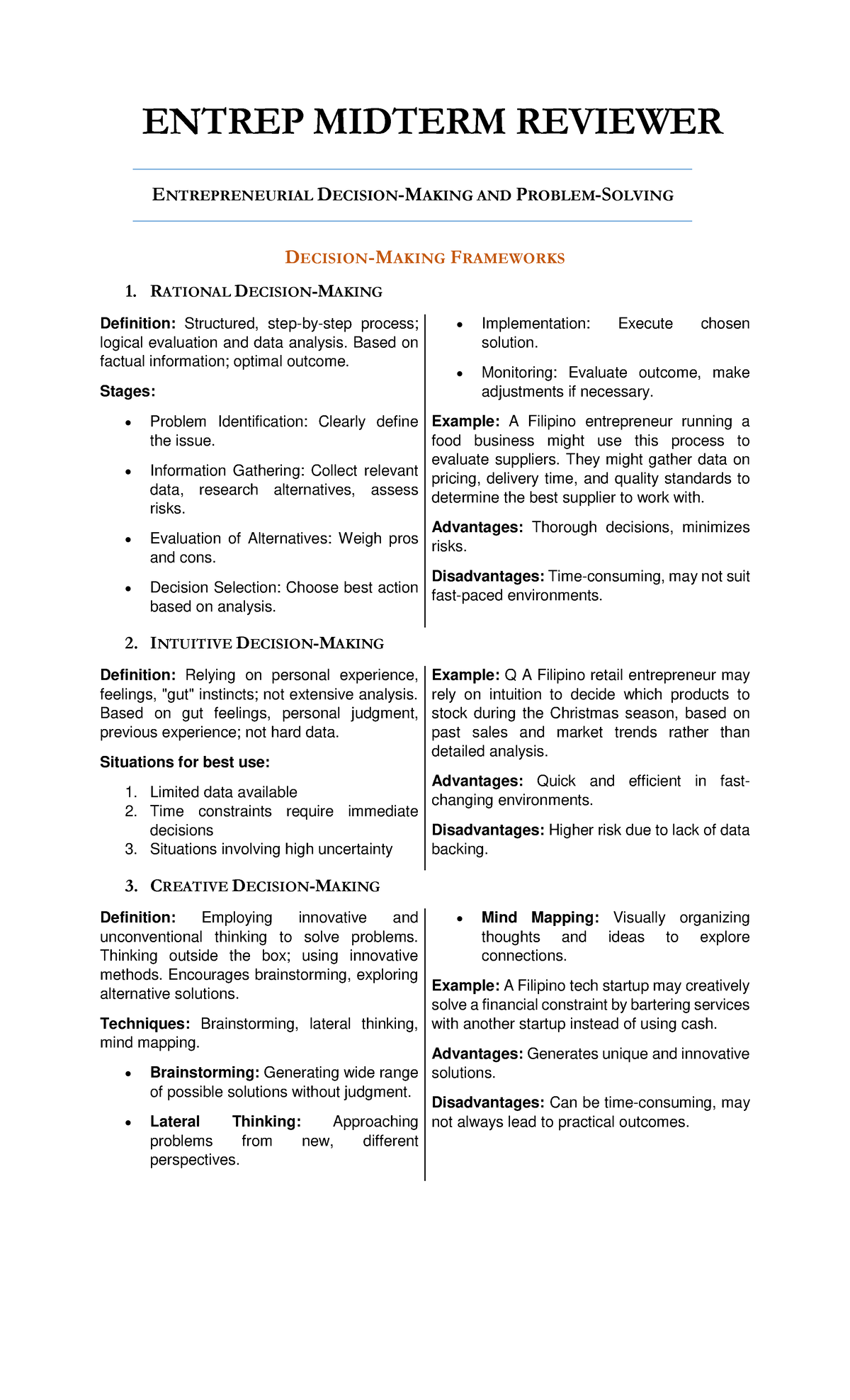 ENTREP 101 MIDTERM REVIEWER: ENTREPRENEURIAL FRAMEWORKS & STRATEGIES - Studocu