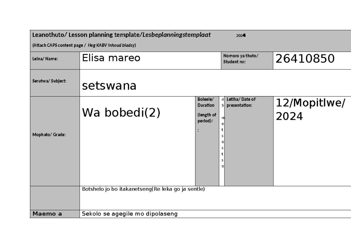 Leanothuto FP 2024: Lesson Planning Template for Setswana Grade 2 - Studocu