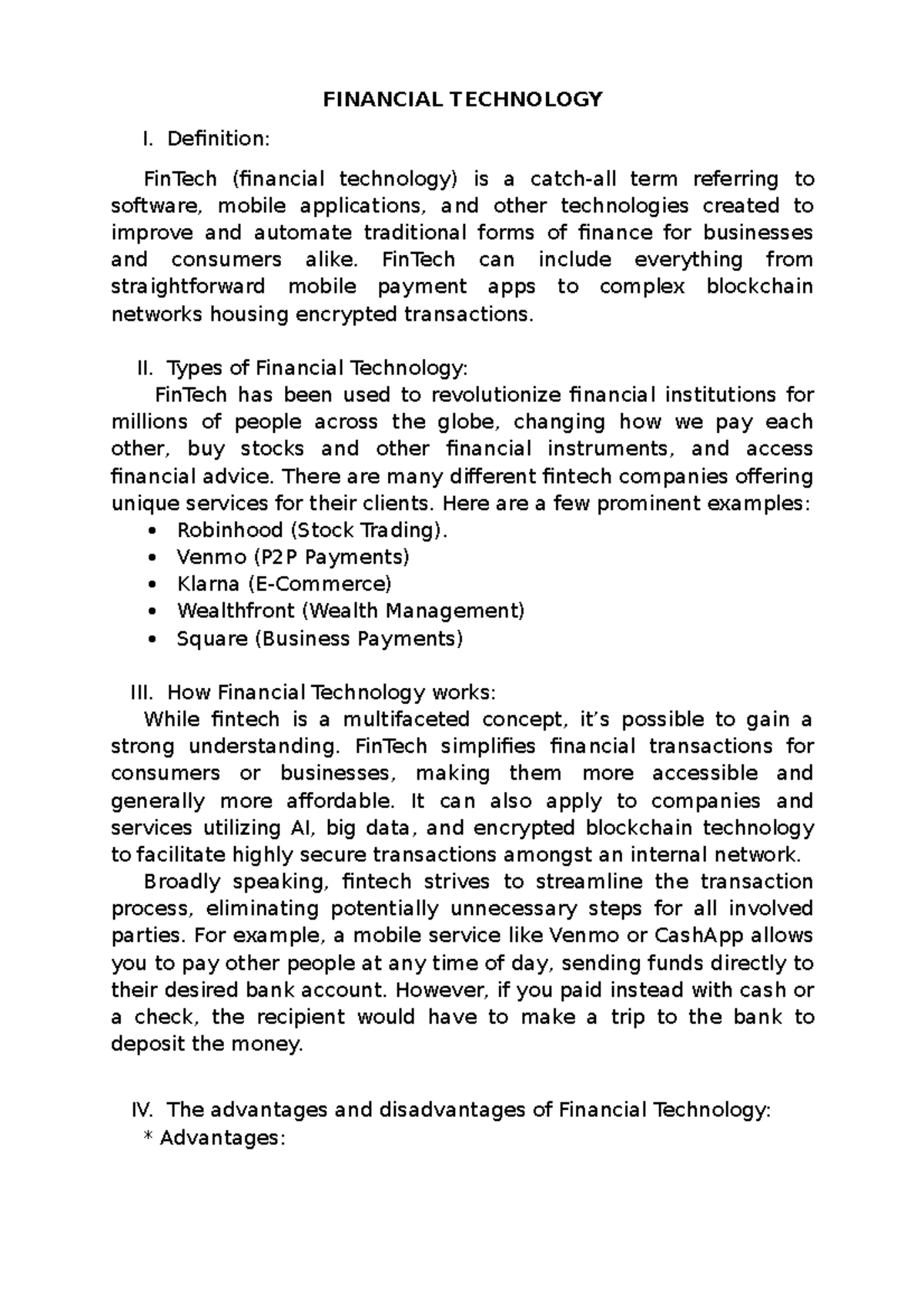 Fintech - yuhb - FINANCIAL TECHNOLOGY I. Definition: FinTech (financial ...