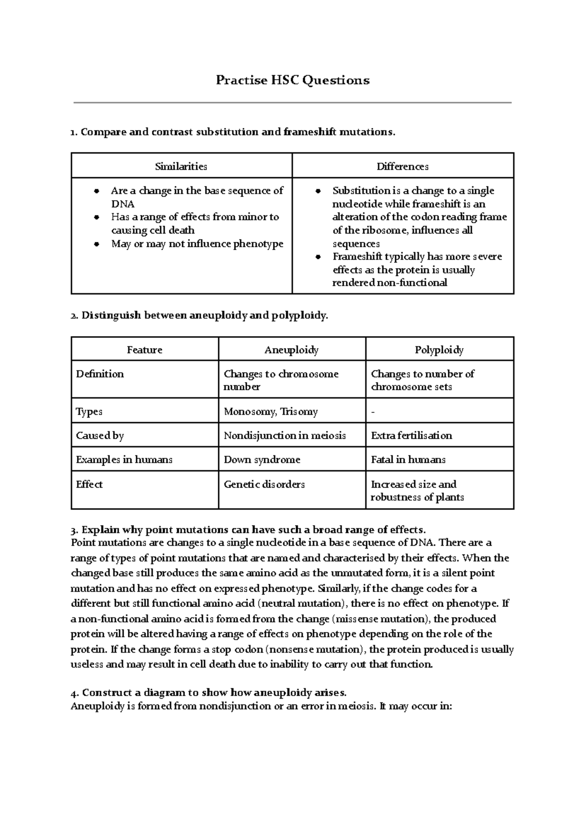 Biology Module 6: Sample Questions on Mutations and Genetic ...