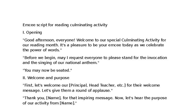Reading Month Emcee Script - Culminating Activity - Studocu