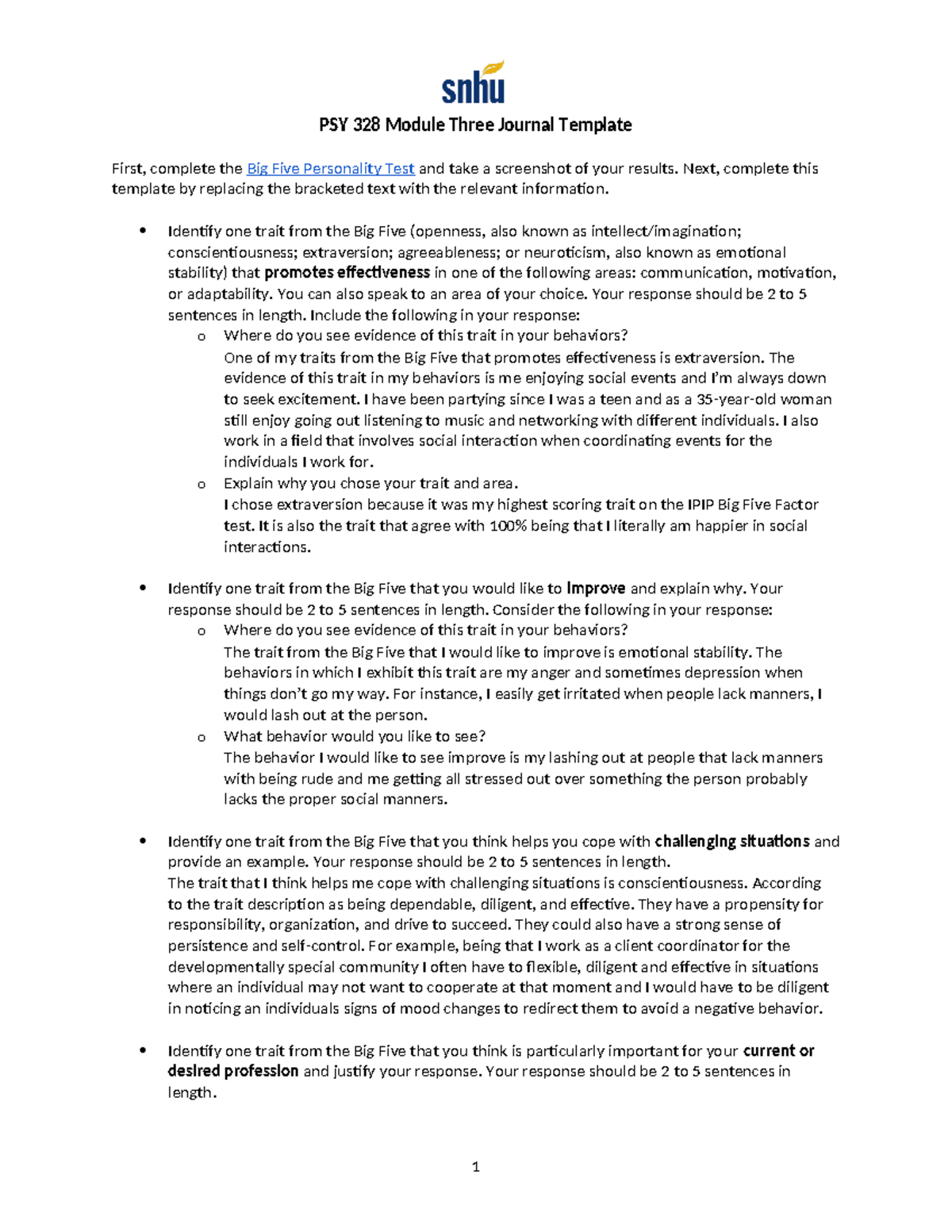PSY 328 Module Three Journal: Big Five Personality Reflection - Studocu