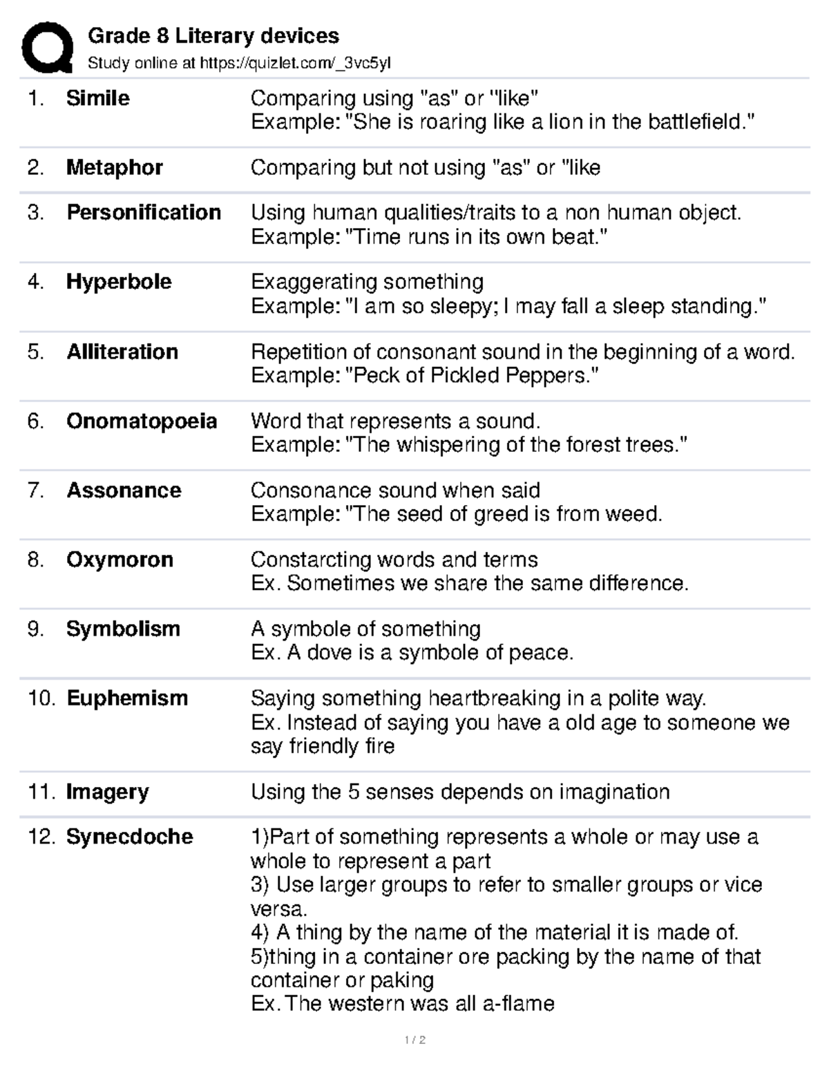 Grade 8 Literary Devices - Study Guide and Practice - Studocu