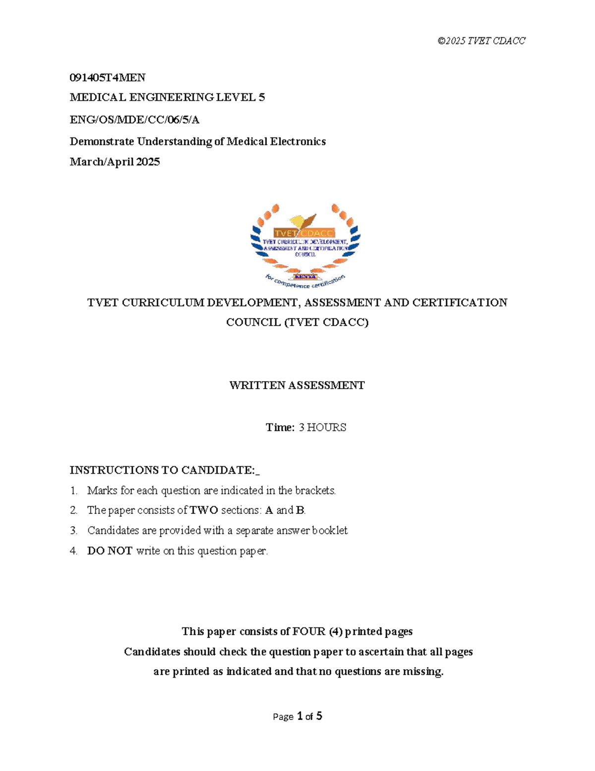 TVET CDACC 091405T4MEN Medical Electronics Level 5 Written Assessment ...