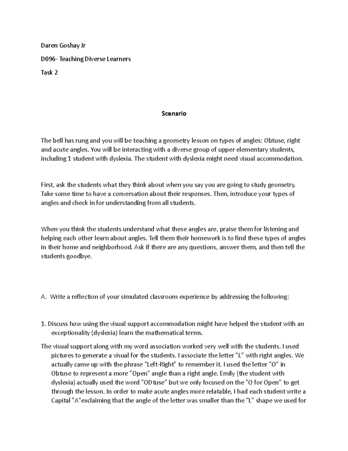 D096-Task 2 - Passed 1st try - Daren Goshay Jr D096- Teaching Diverse ...