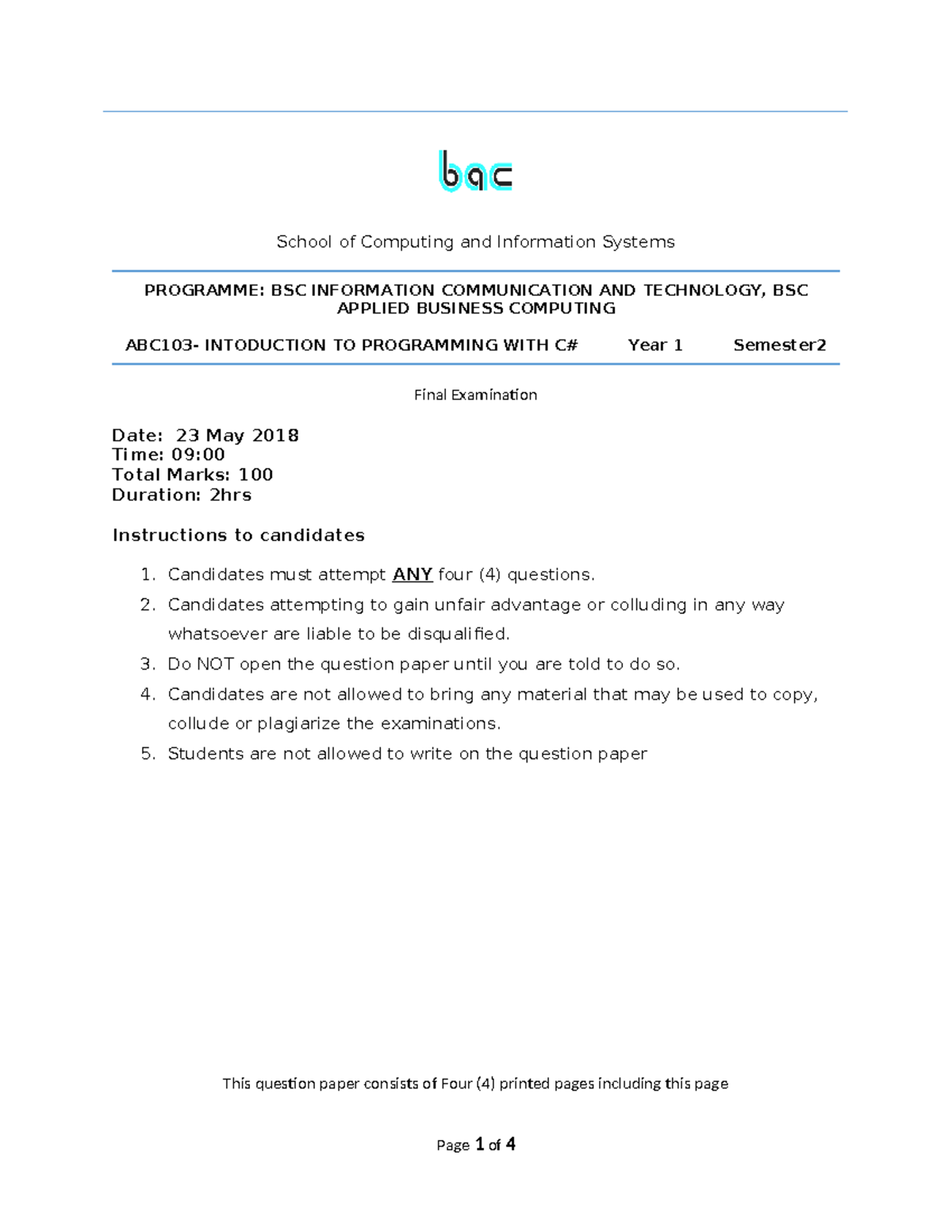 BSC ICT & ABC: Intro to Programming - Final Exam Guide - Studocu
