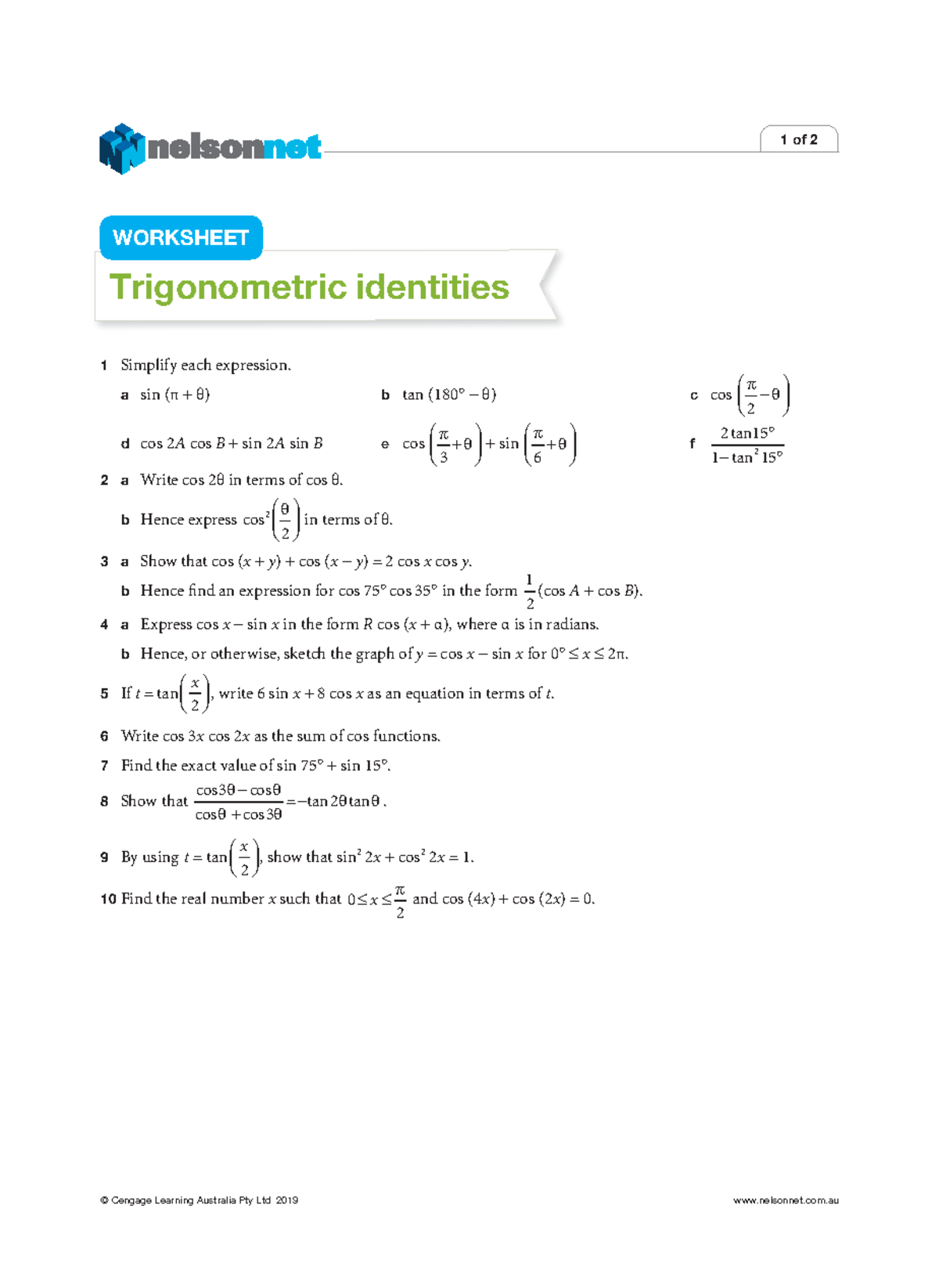 Trigonometric Identities Worksheet - MATH101 Final Exam Practice - Studocu