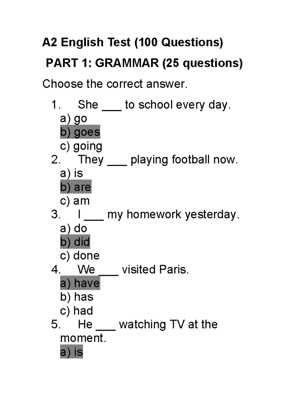 A2 English Test - Grammar & Vocabulary Practice (100 Questions) - Studocu