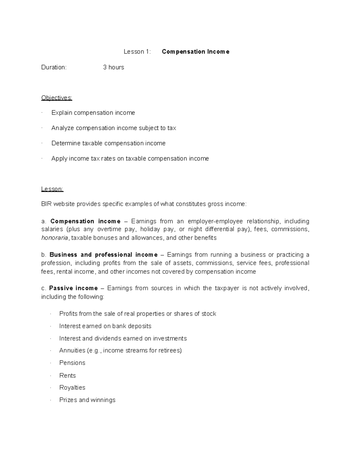 Compensation Income - Lecture notes 1-5 - Lesson 1: Compensation Income ...