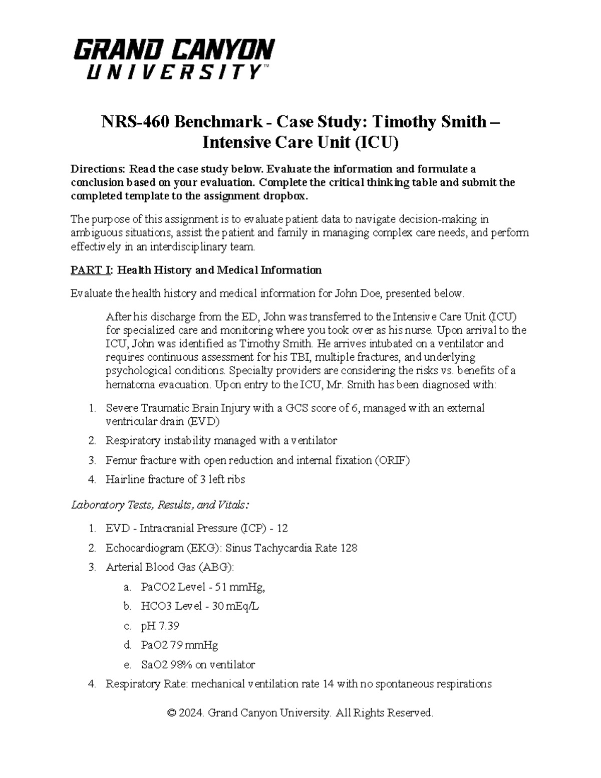 NRS 460 RS T2 Benchmark Case Study: ICU Care for Timothy Smith - Studocu
