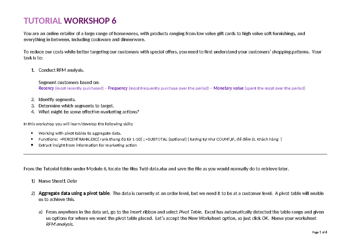 RFM Analysis and Customer Segmentation - Tutorial Workshop 6 - Studocu