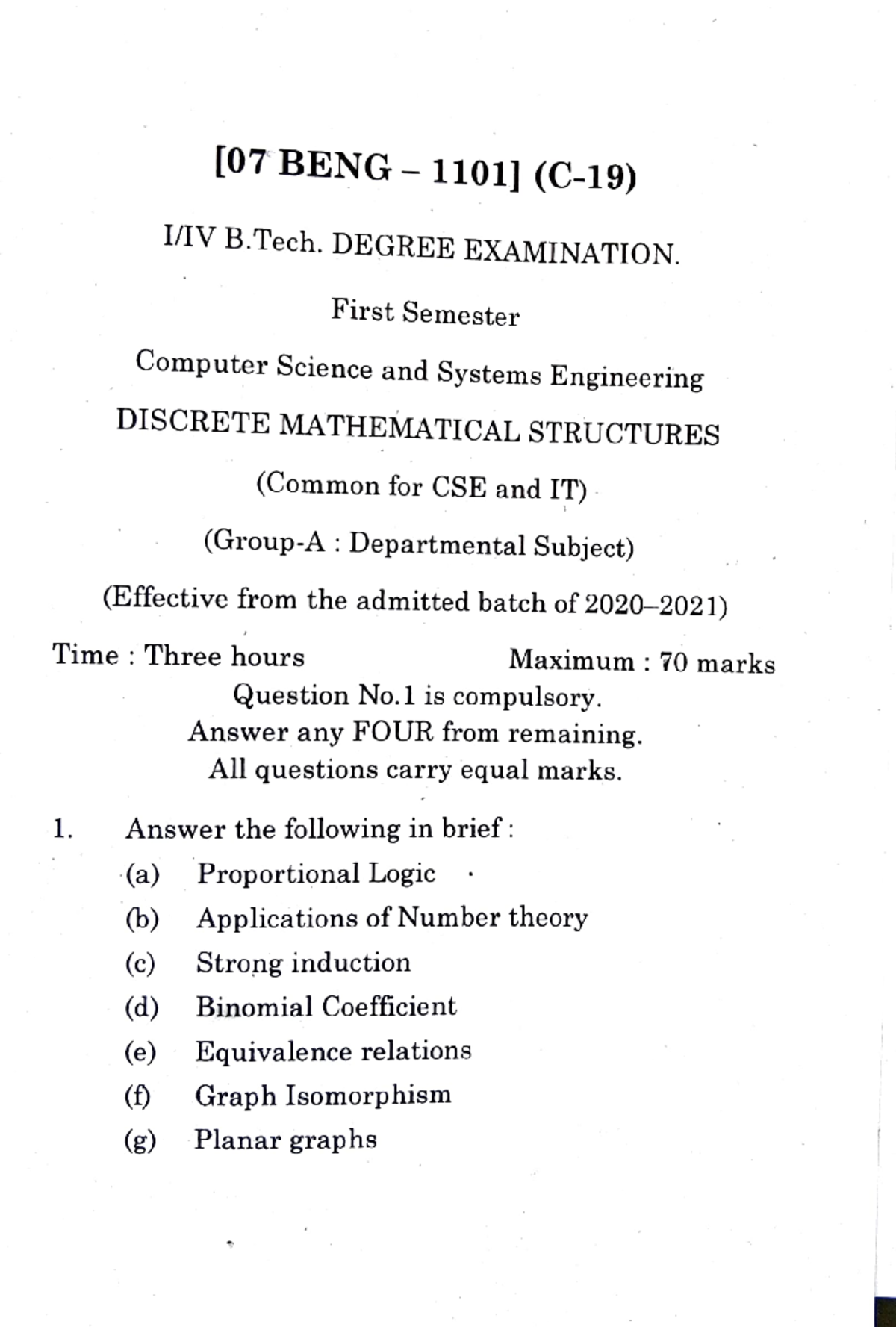 Discrete Mathematical Structures Qpaper 2020-21 - COMPUTER SCIENCE AND ...