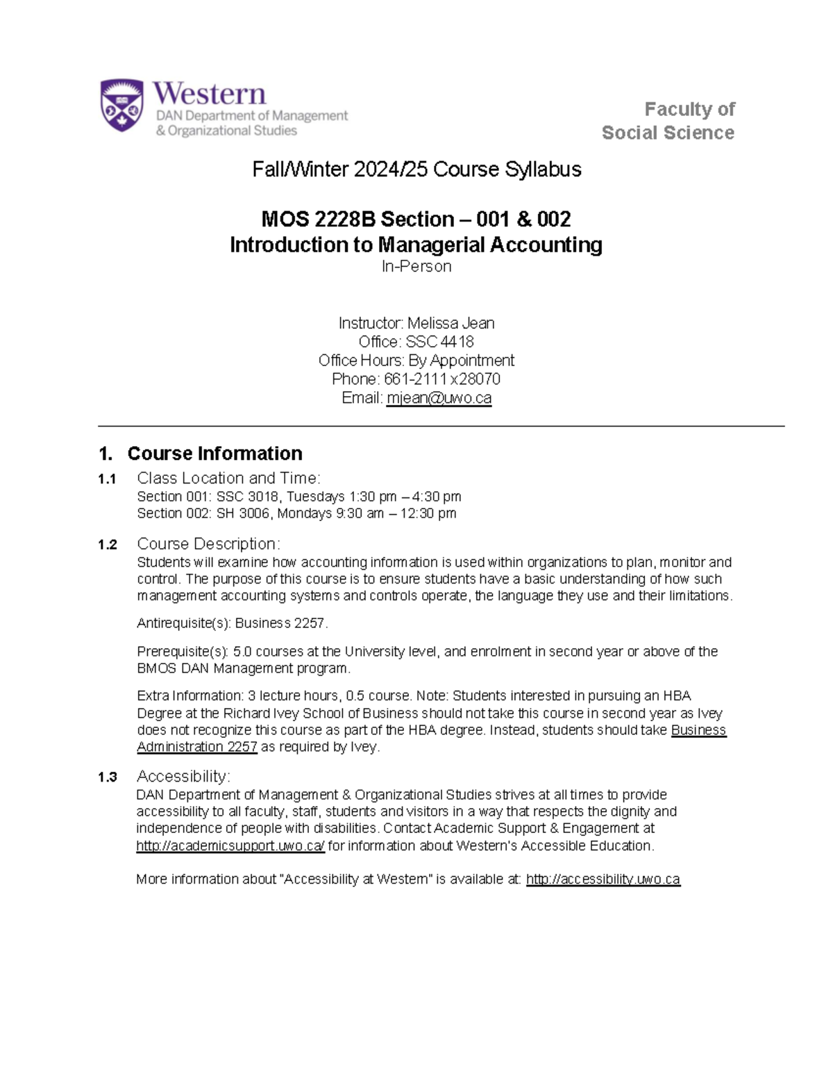 MOS 2228B Managerial Accounting Course Syllabus 2024/25 - Studocu