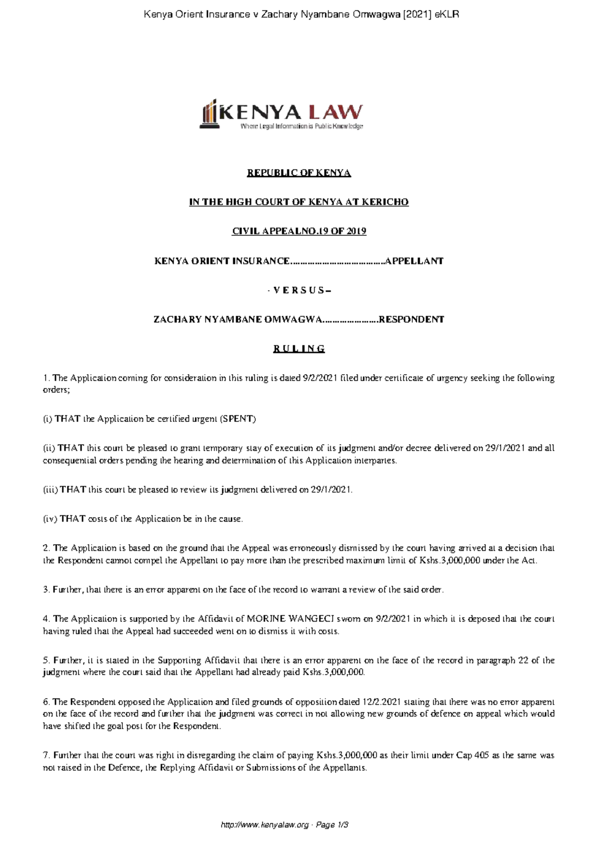 Civil Appeal No. 19 of 2019: Kenya Orient Ins. v Nyambane Ruling ...