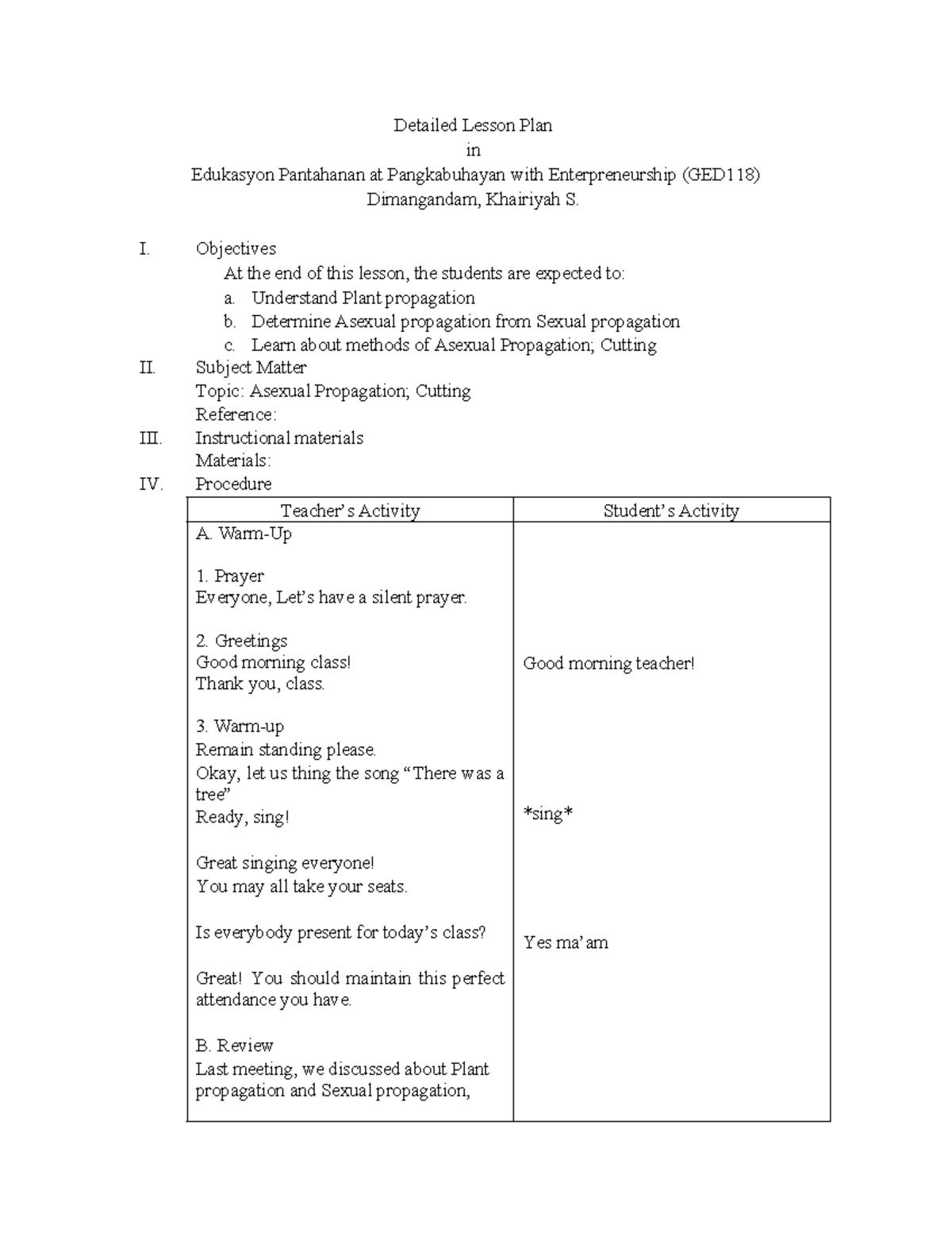 Lesson Plan for GED118: Asexual Propagation & Cutting Techniques - Studocu