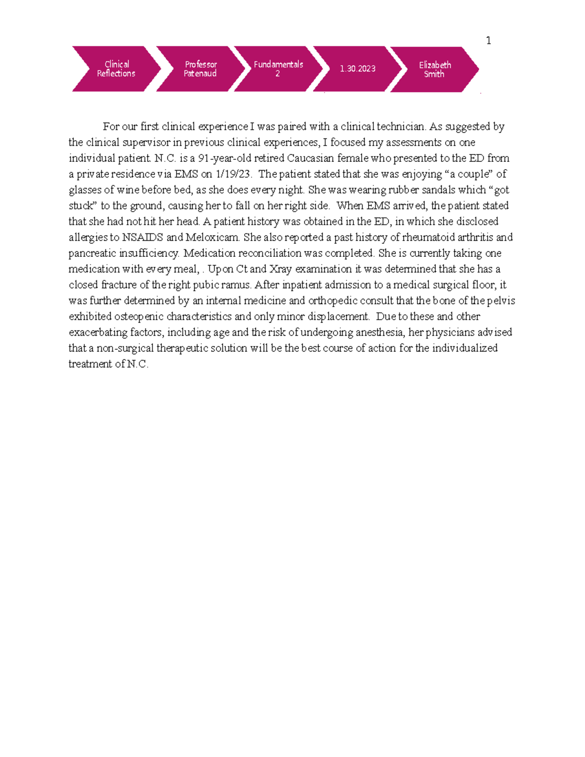 Clinical Reflection: Patient N.C.'s Case Analysis - Prof. Patenaud 1.30 ...