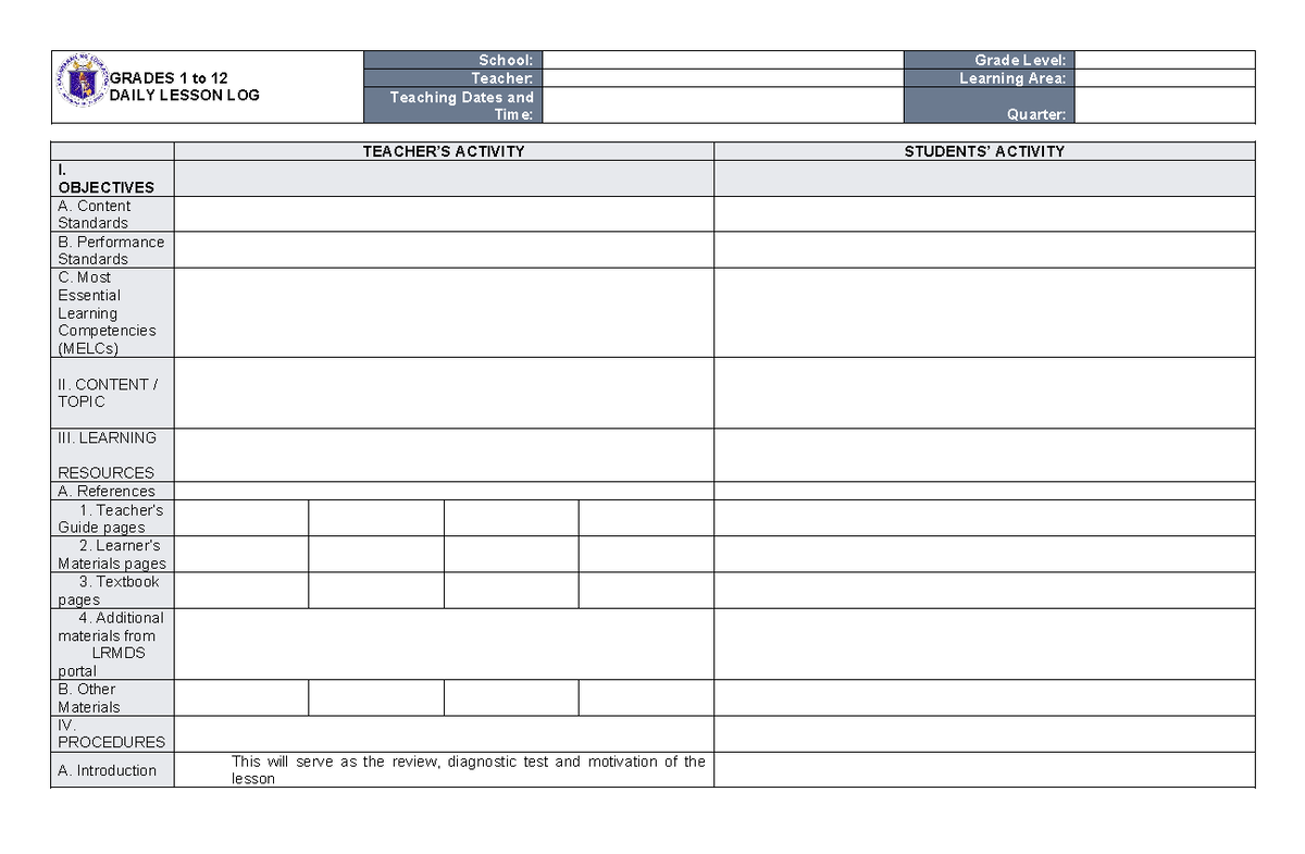 DLE-Format 202 - it can use as a guide - GRADES 1 to 12 DAILY LESSON ...