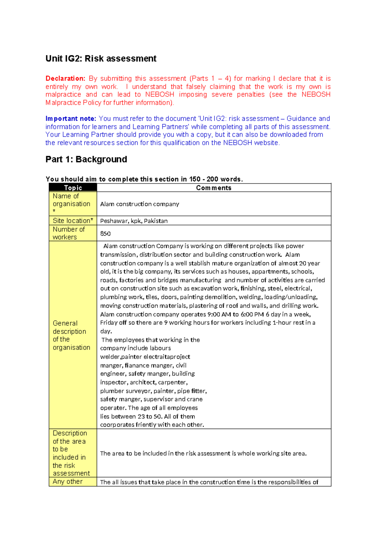 IG2: Comprehensive Risk Assessment Report for Alam Construction - Studocu