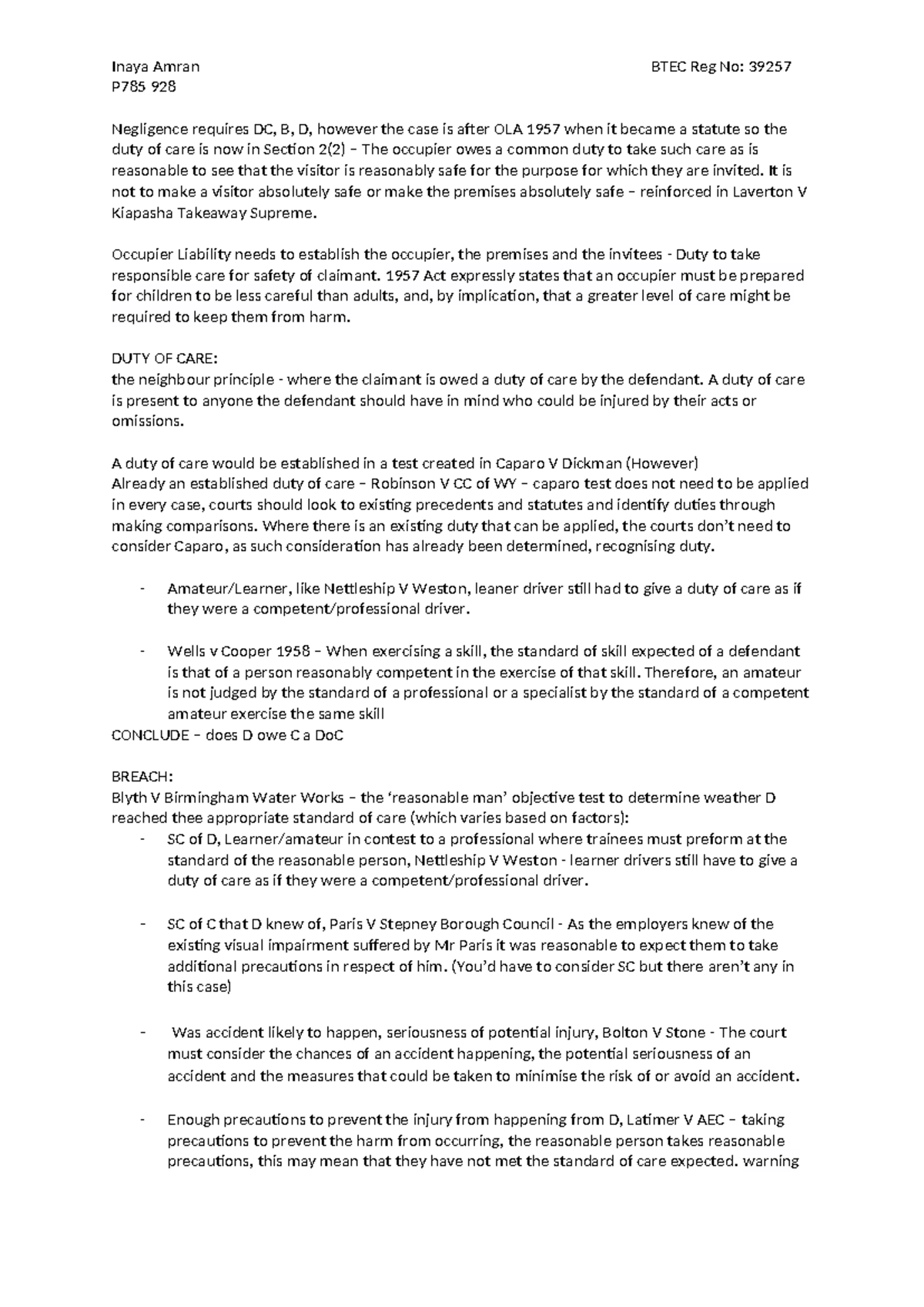 Law Notes for Unit 1: Duty of Care and Breach in Civil Law - Studocu