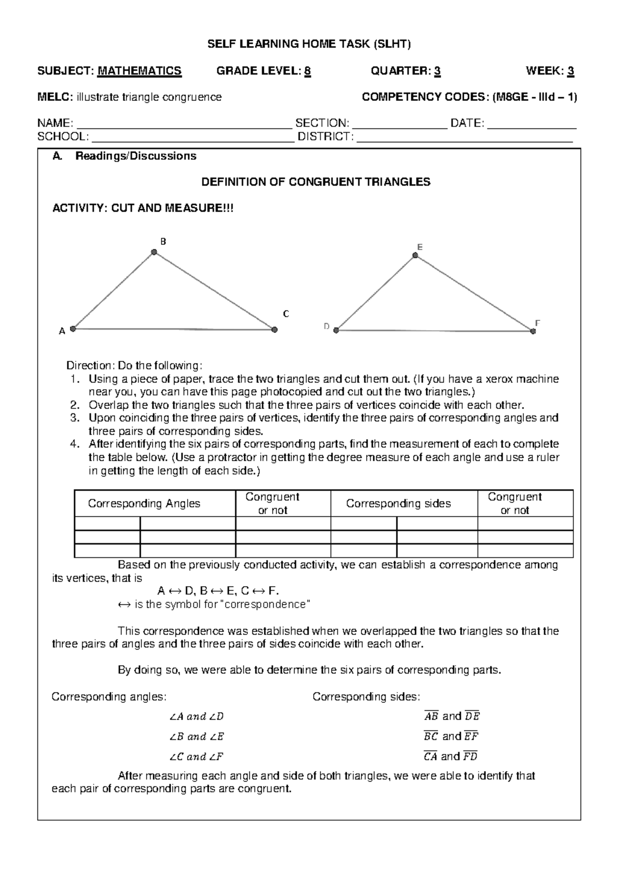 MATH 8 SLHT Q3 Wk3: Exploring Triangle Congruence Concepts - Studocu