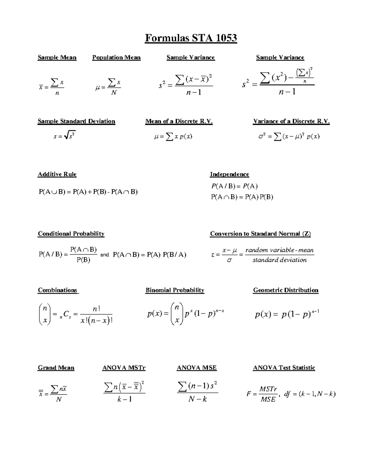 Combined Formulas and Tables for STA 1053 Statistics Concepts - Studocu
