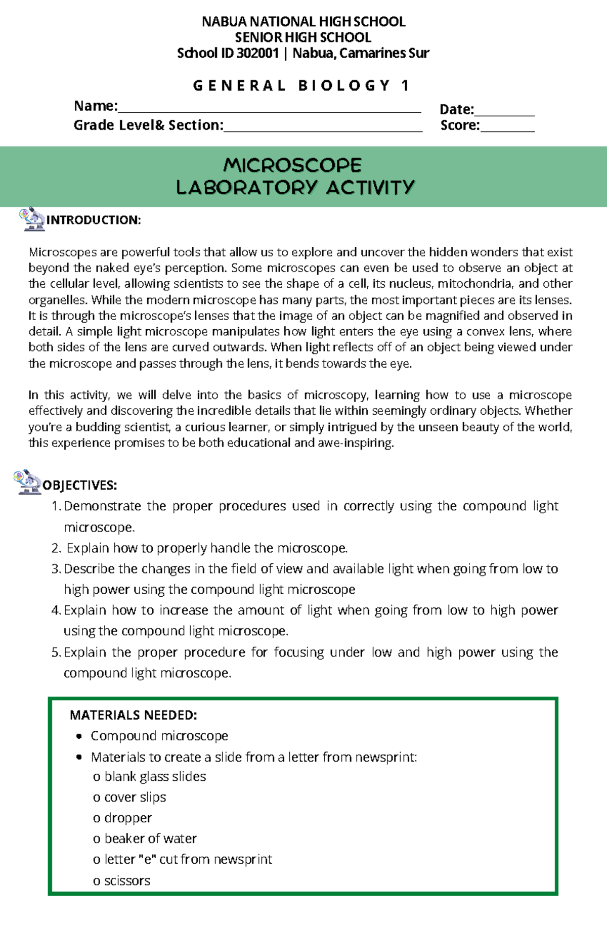 GC101: Microscope Lab Activity Sheet & Proper Usage Procedures - Studocu