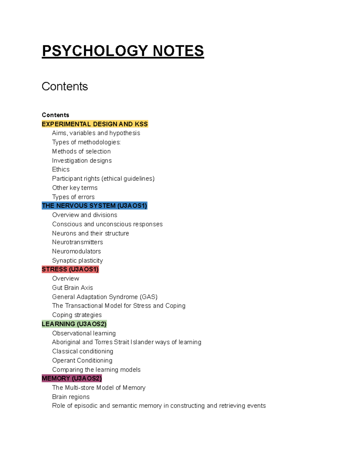 Psychology Notes: U3AOS1 & U4AOS2 Overview and Key Concepts - Studocu