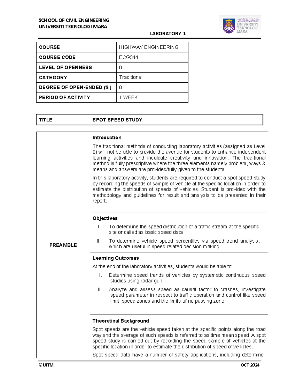 LAB 1 - Spot Speed Study for Highway Engineering ECG344 - Studocu