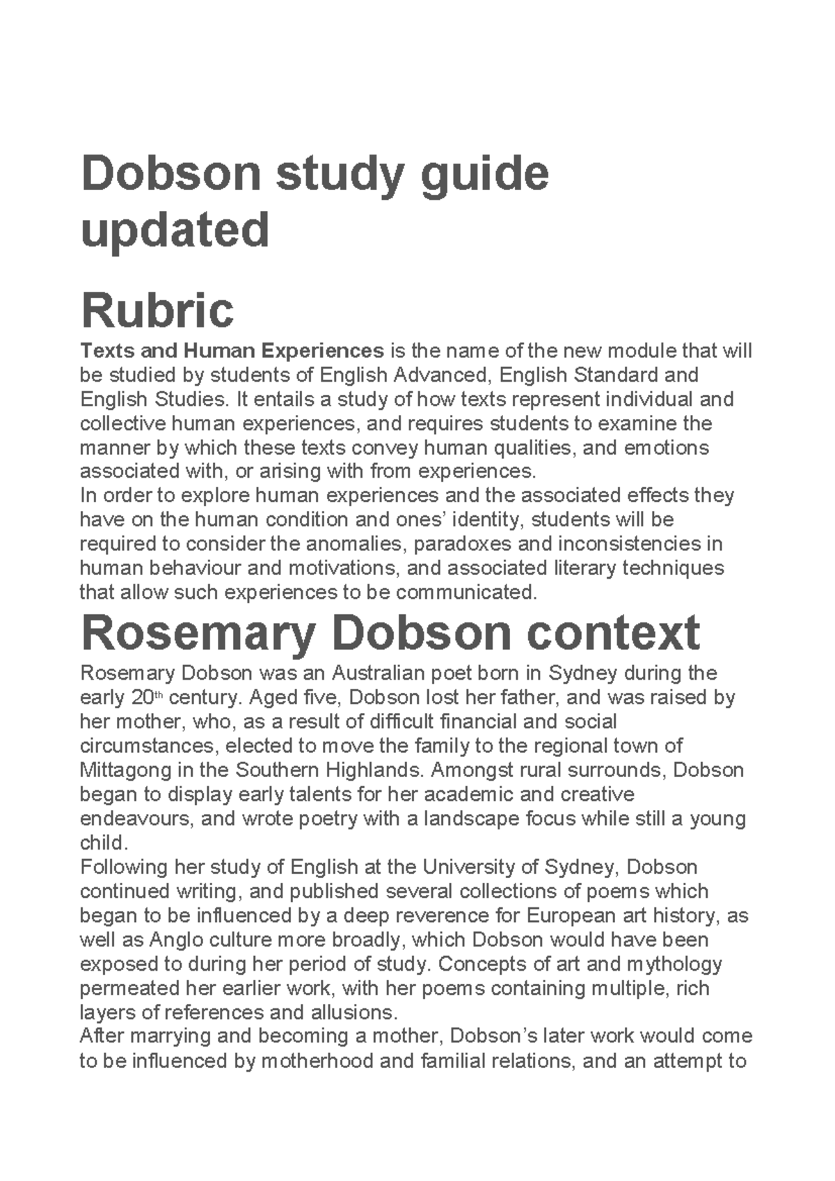 Dobson study guide - Dobson study guide updated Rubric Texts and Human ...