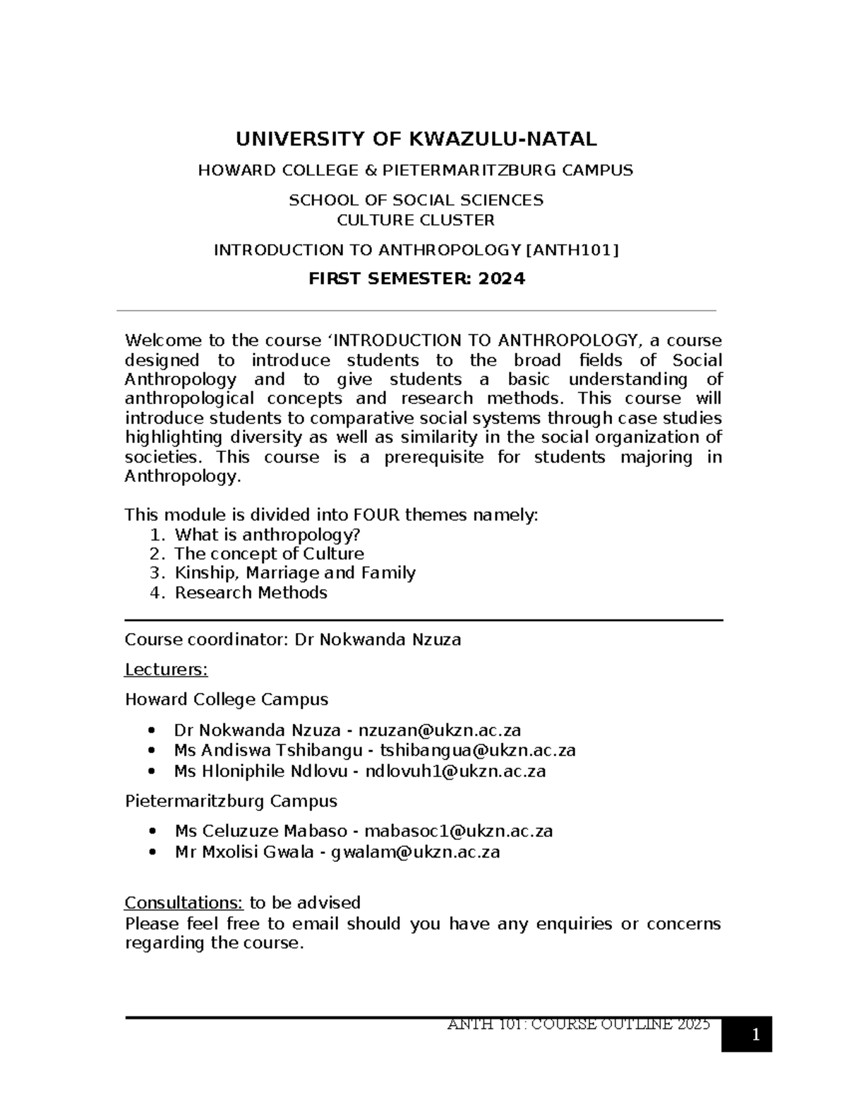 ANTH 101: Introduction to Anthropology Course Outline for 2025 - Studocu
