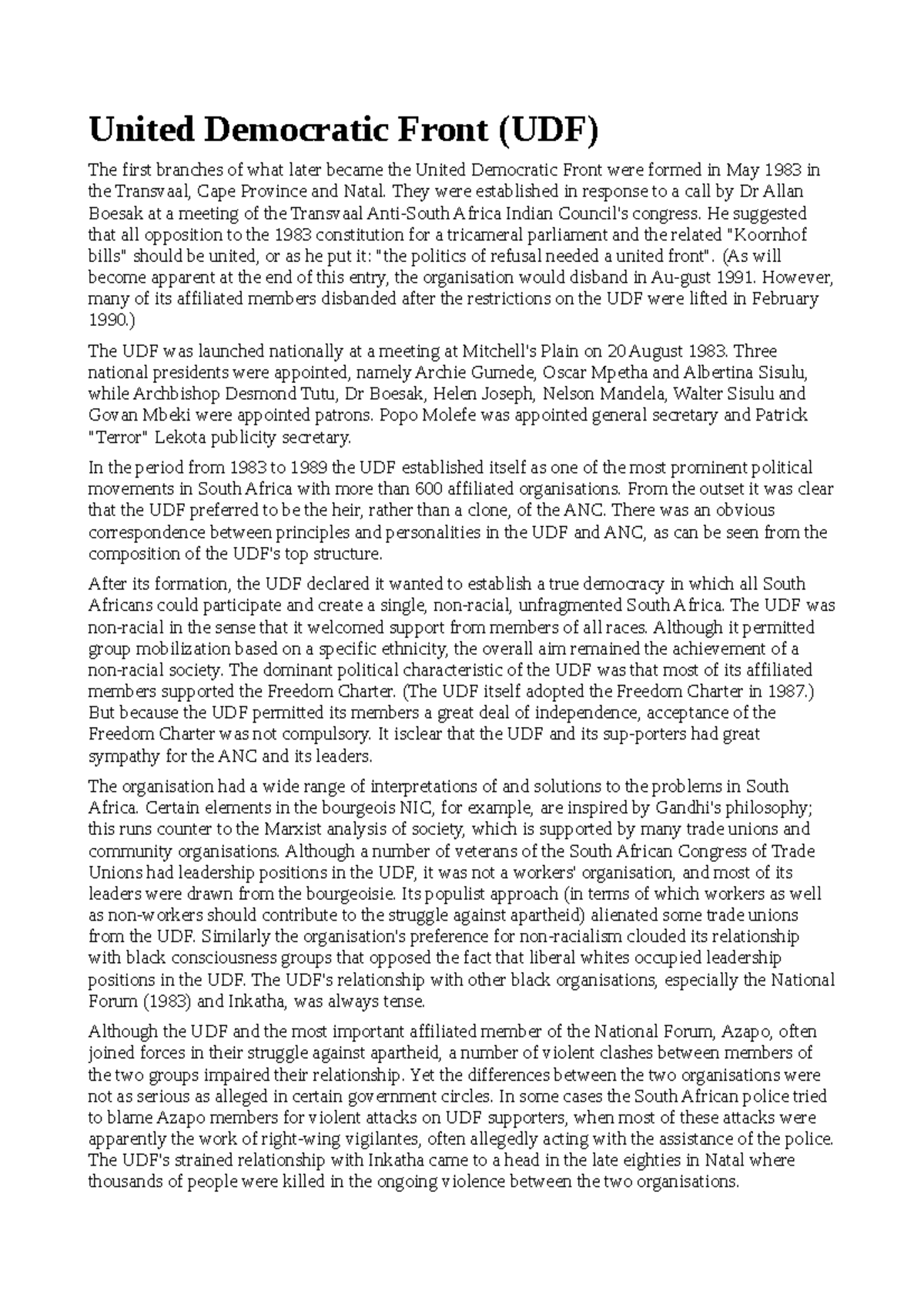 UDF 1983-1991: Evolution and Impact of South Africa's Political ...