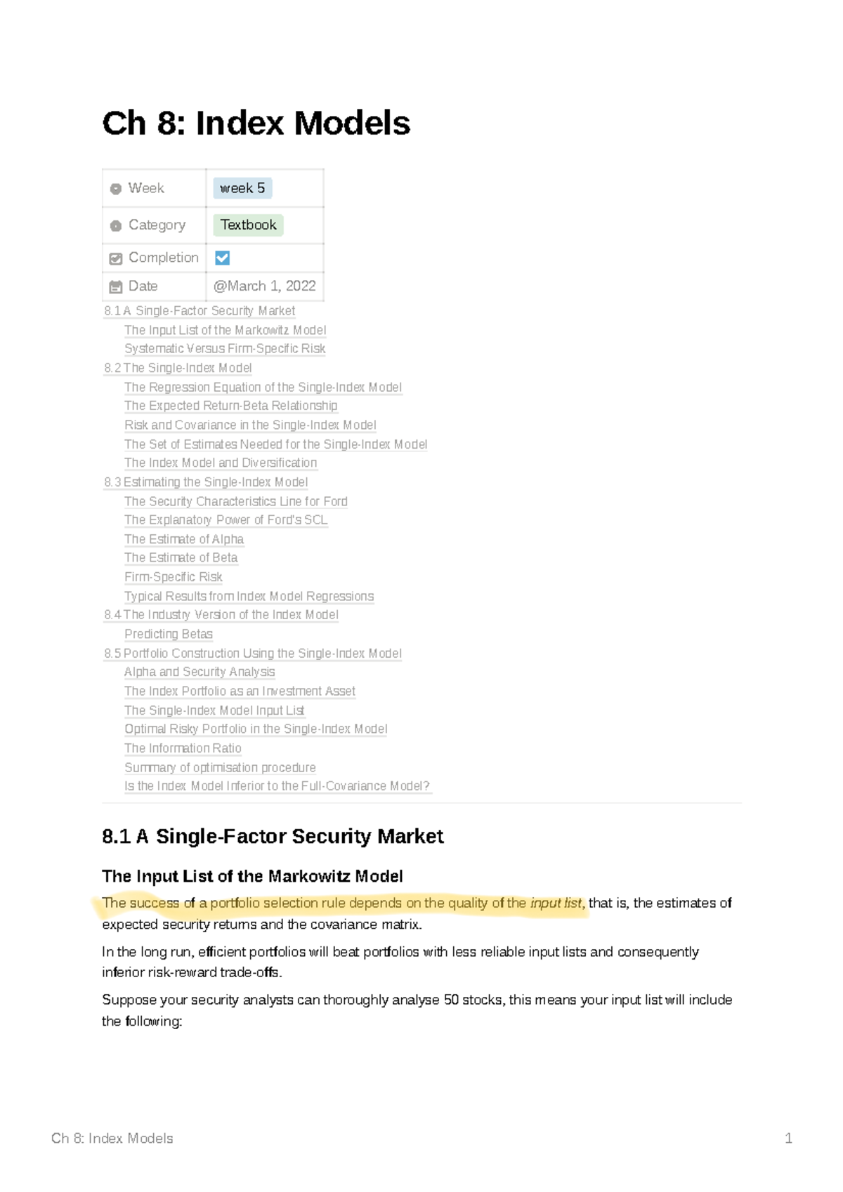 Ch 8 Single Index Models - Ch 8: Index Models Week week 5 Category ...