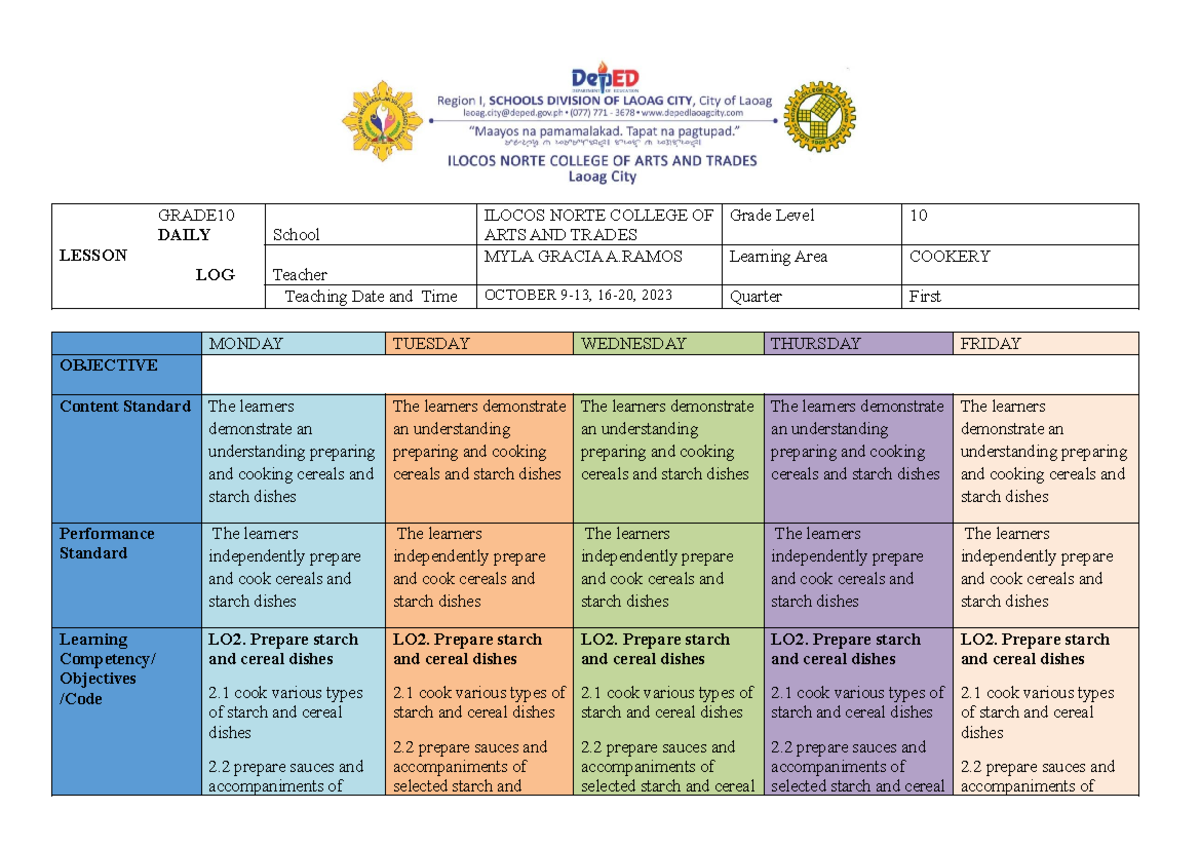 MYLA DLL Q1 FT10 W7-8 - Daily Log for Grade 10 Cookery Lessons - Studocu