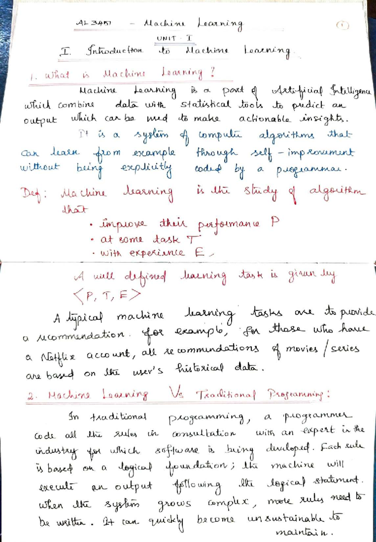 Machine Learning - AL3451 - Unit 1 Notes: Introduction to ML Concepts ...