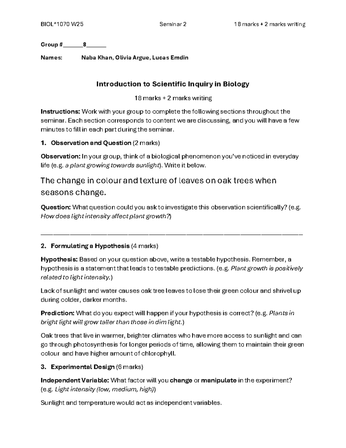BIOL1070 FW25 Seminar 2 worksheet - BIOL*1070 W25 Seminar 2 18 marks ...