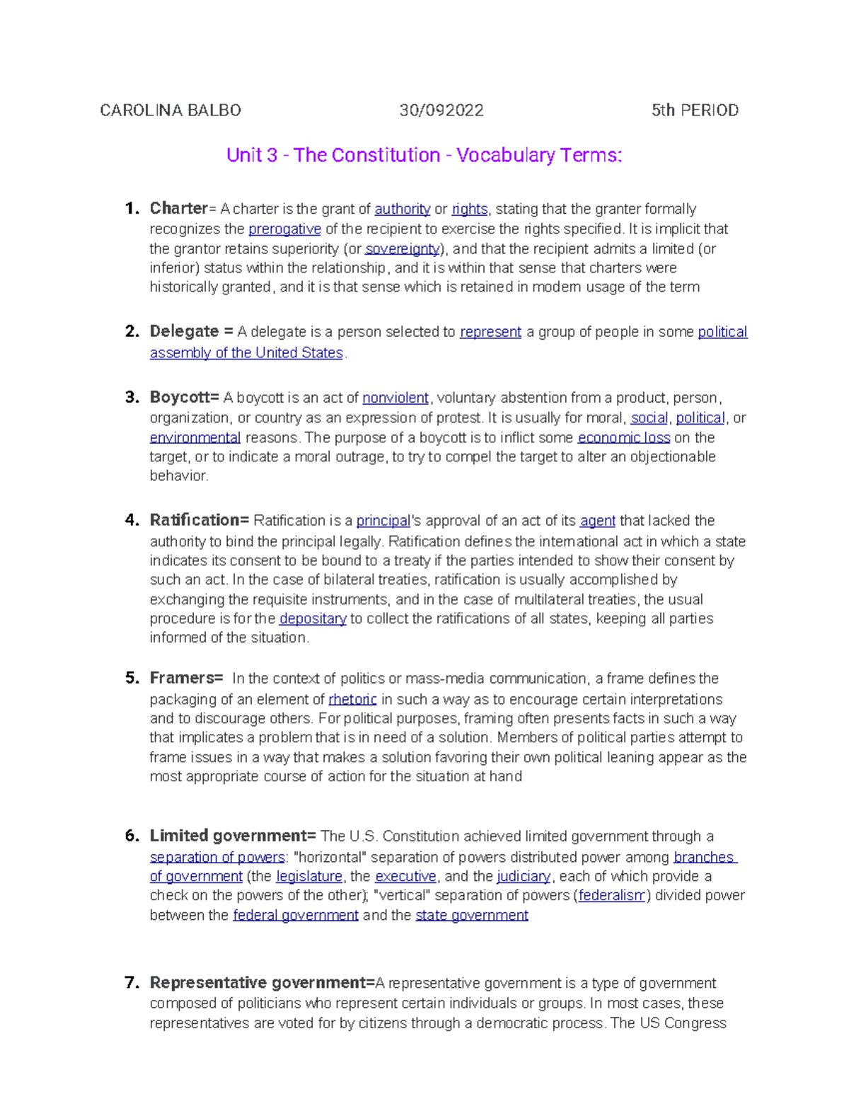 Carolina Balbo - Unit 3 - The Constitution - Vocabulary - CAROLINA ...