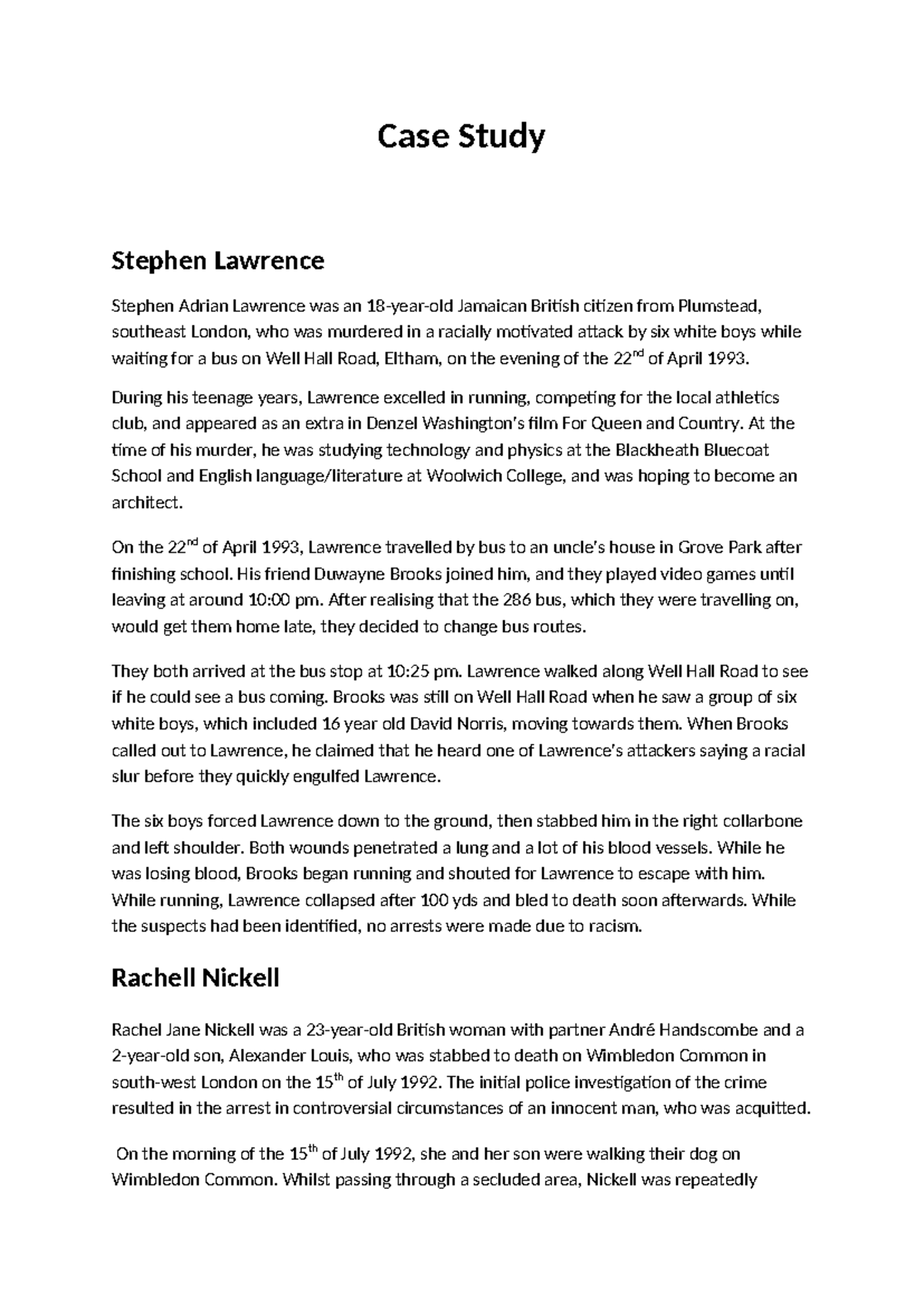 Criminology Case Study: The Murders of Stephen Lawrence & Rachel ...