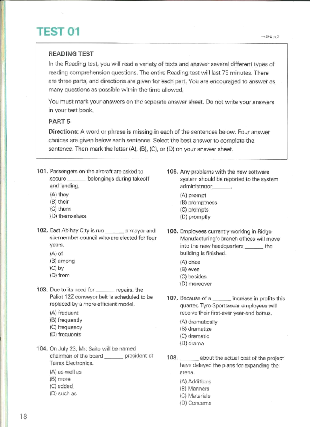 TOEIC TEST 01: READING COMPREHENSION PRACTICE - Studocu