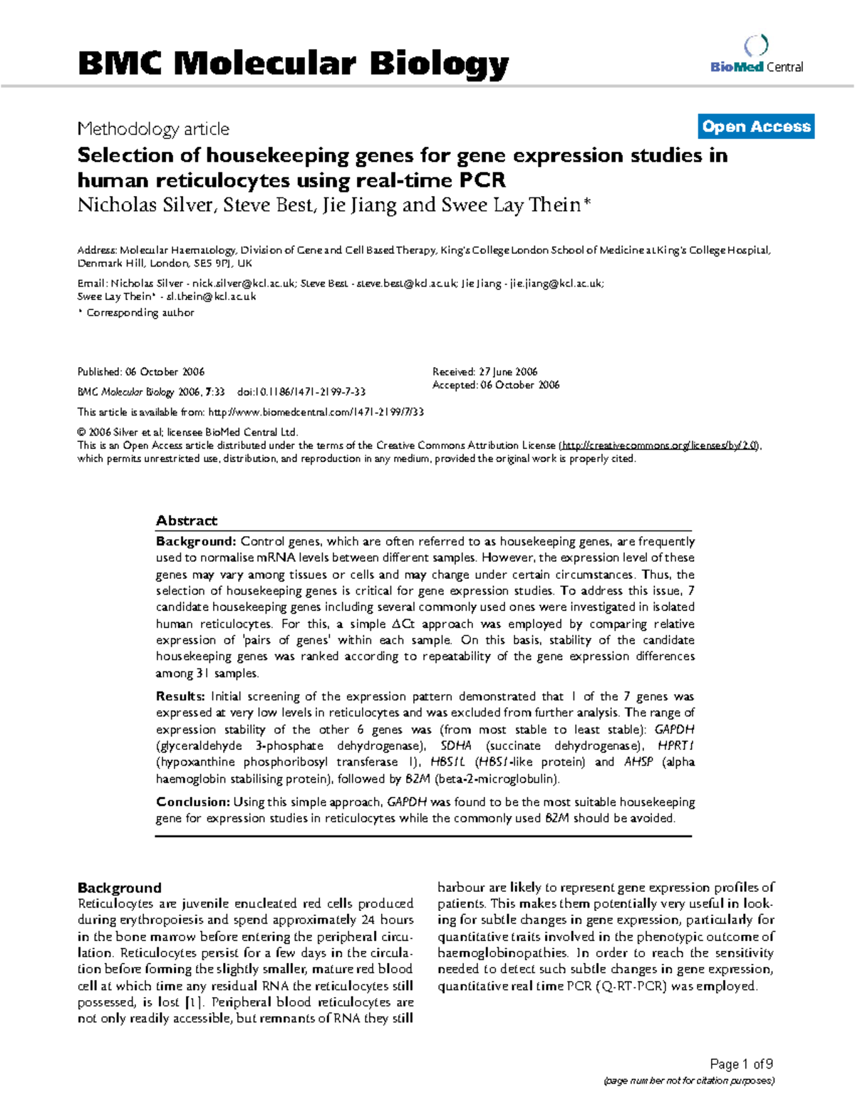 Selection of Housekeeping Genes for Gene Expression in Reticulocytes ...