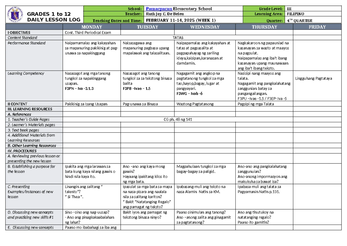 Banghay Aralin sa Filipino: Si Juan Osong - Grade 7 Fabella - Studocu