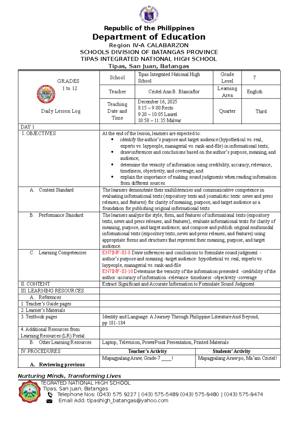 Q3-DEC. 15 - Detailed Lesson Plan for Grade 7 English - Studocu