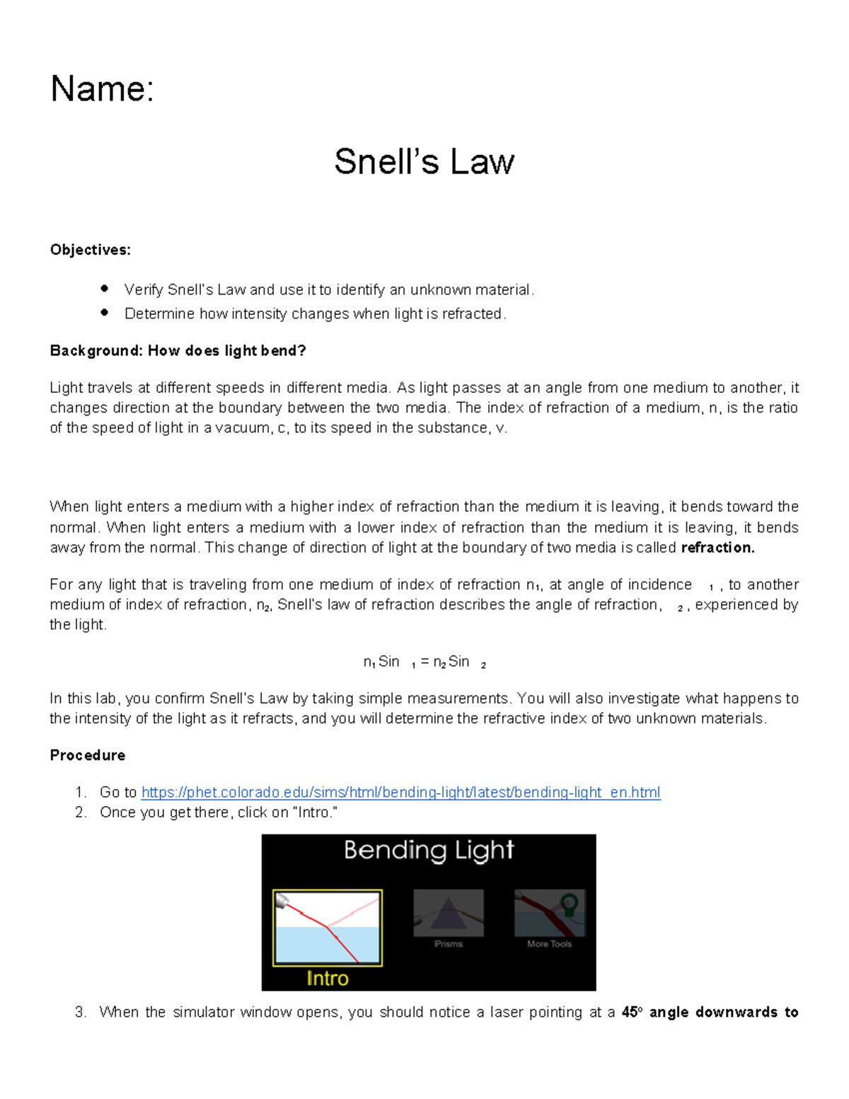 Snell's Law Experiment: Verification and Refractive Index Analysis ...